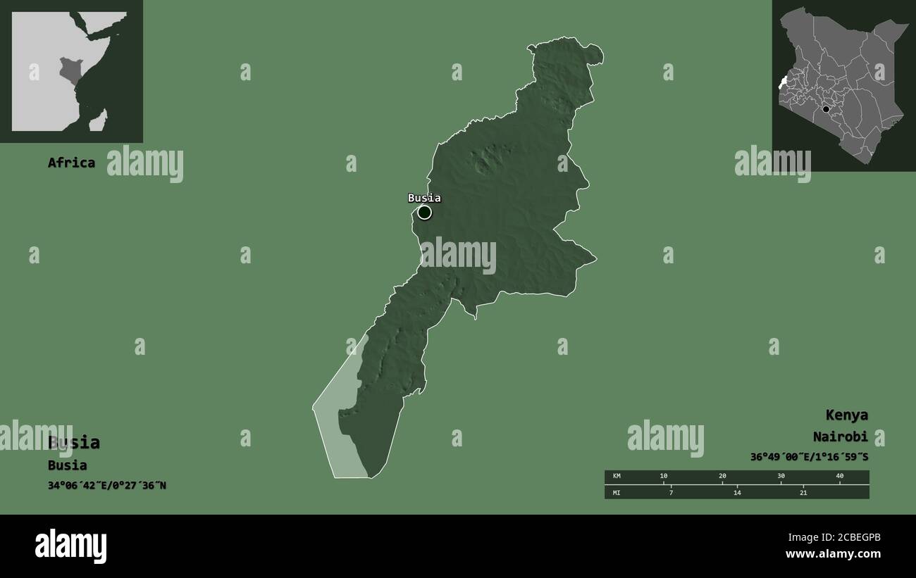 Shape of Busia, county of Kenya, and its capital. Distance scale ...