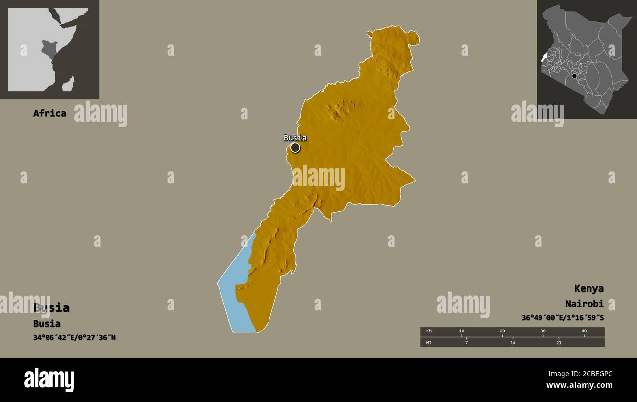 Shape of Busia, county of Kenya, and its capital. Distance scale ...