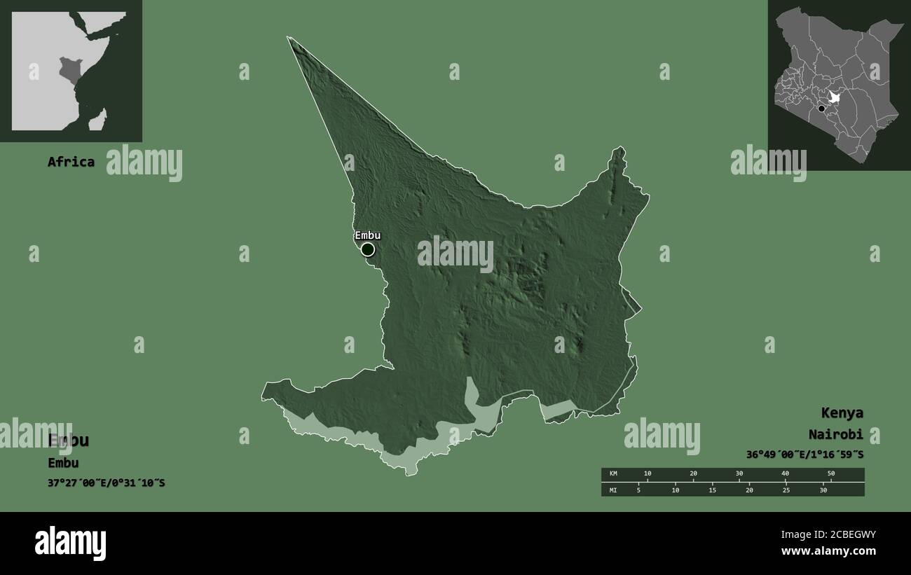 Shape of Embu, county of Kenya, and its capital. Distance scale ...