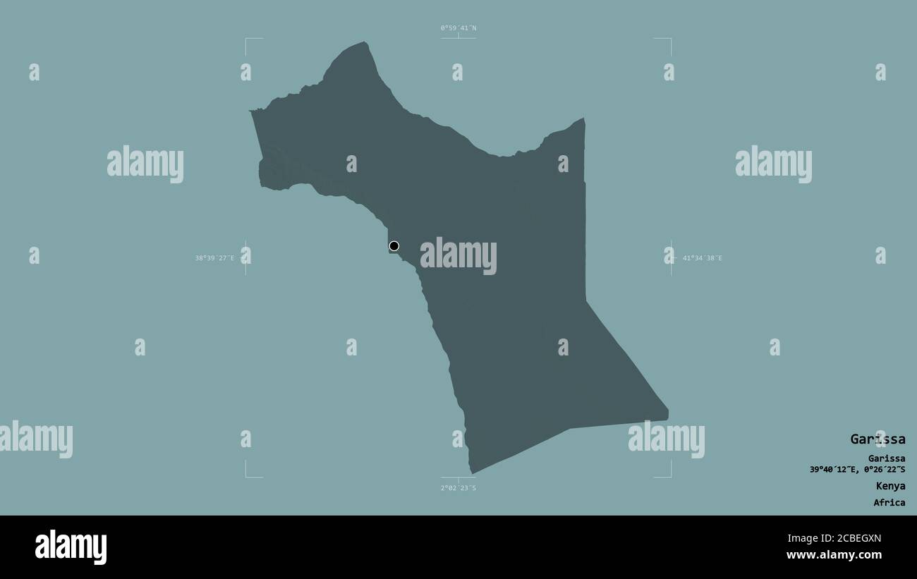 Area of Garissa, county of Kenya, isolated on a solid background in a ...