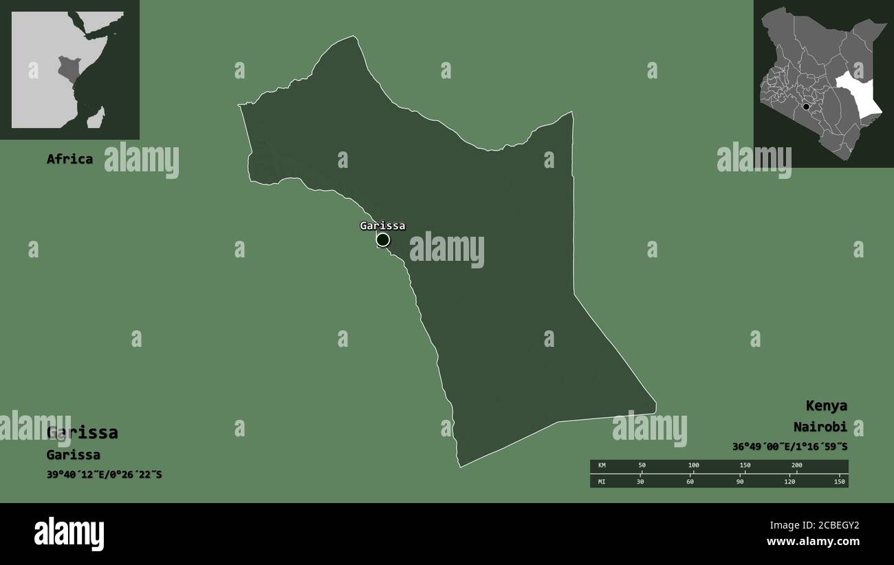 Shape of Garissa, county of Kenya, and its capital. Distance scale ...