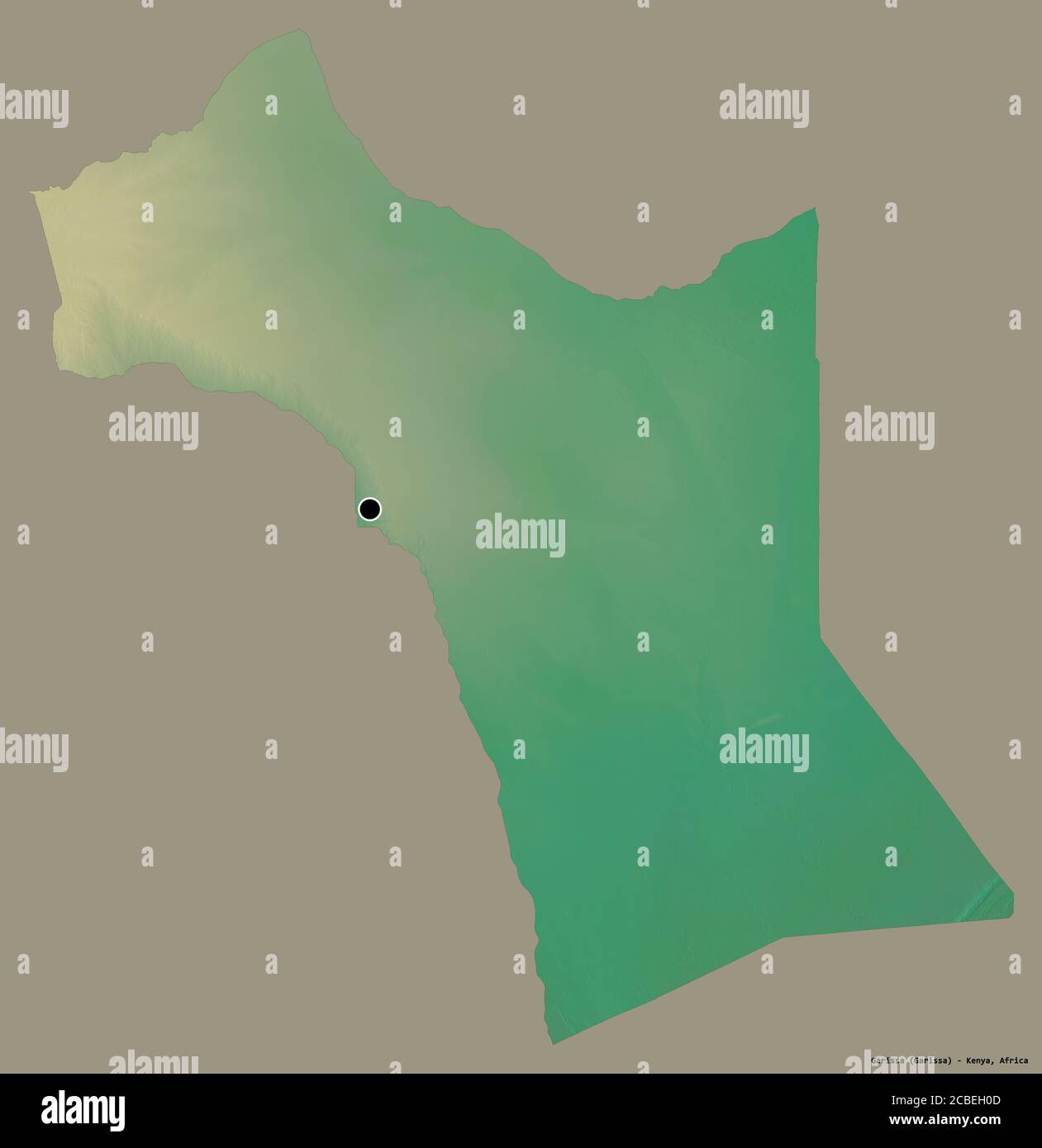 Shape of Garissa, county of Kenya, with its capital isolated on a solid ...