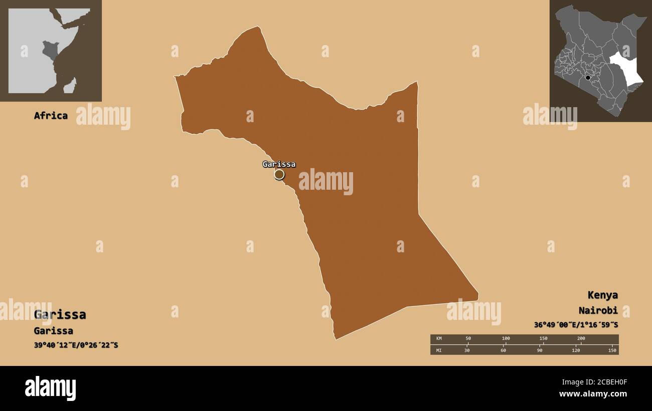 Shape of Garissa, county of Kenya, and its capital. Distance scale ...