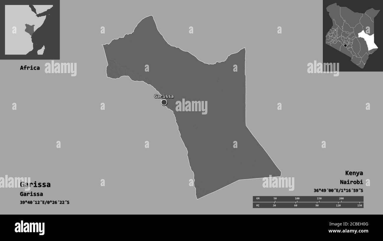 Shape of Garissa, county of Kenya, and its capital. Distance scale ...