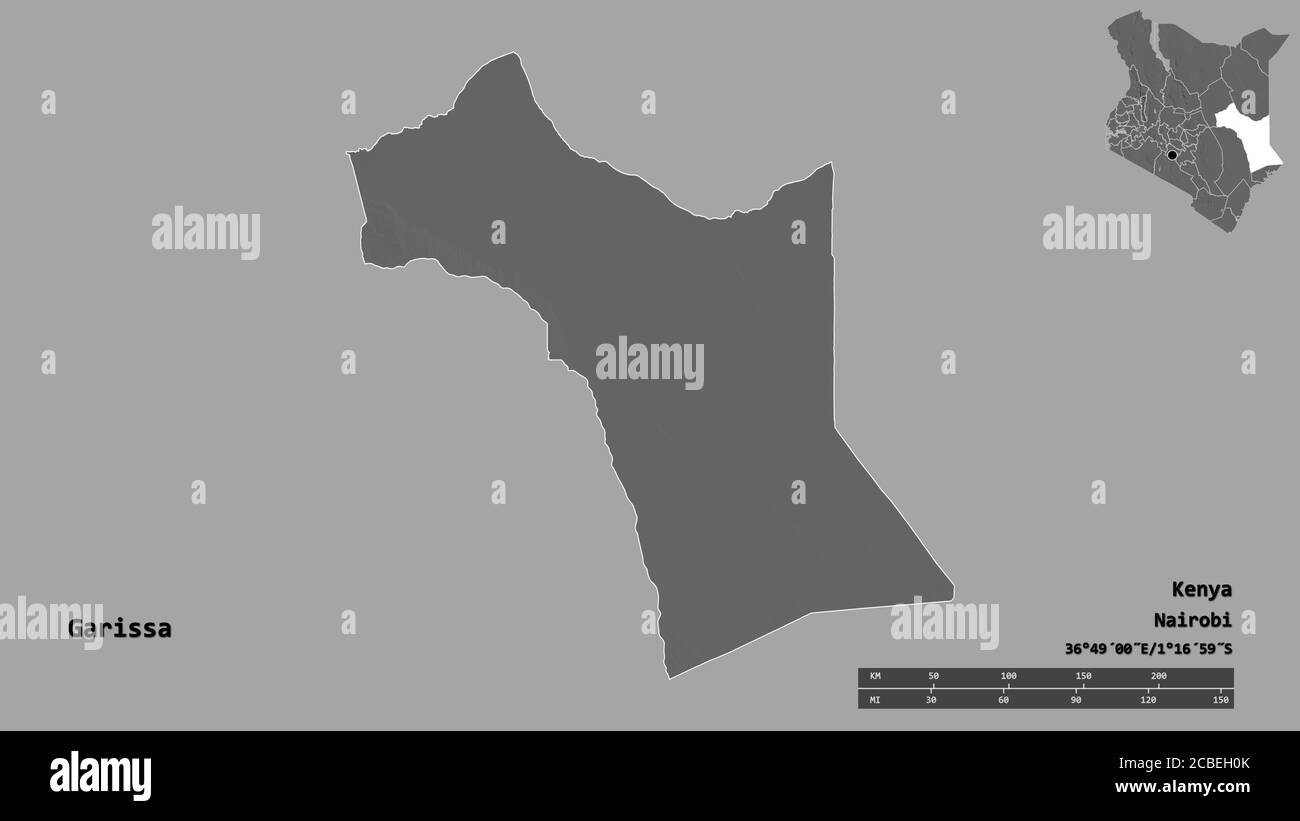 Shape of Garissa, county of Kenya, with its capital isolated on solid ...