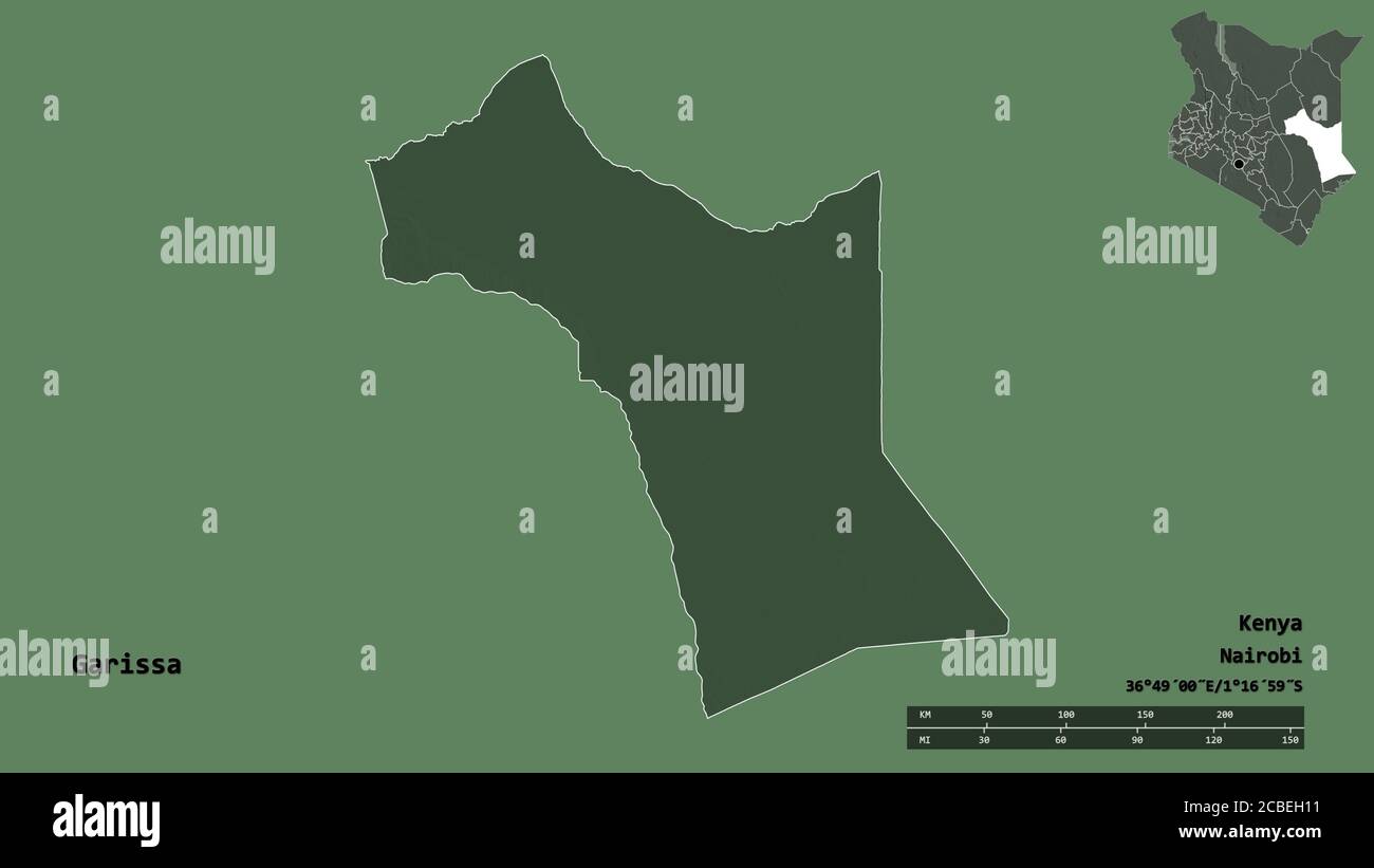 Shape of Garissa, county of Kenya, with its capital isolated on solid ...