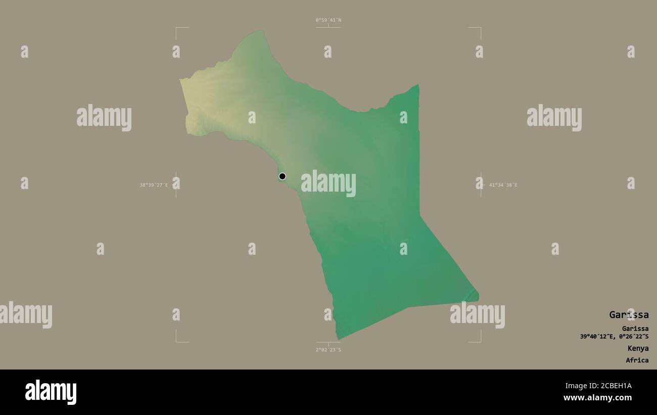 Area of Garissa, county of Kenya, isolated on a solid background in a ...