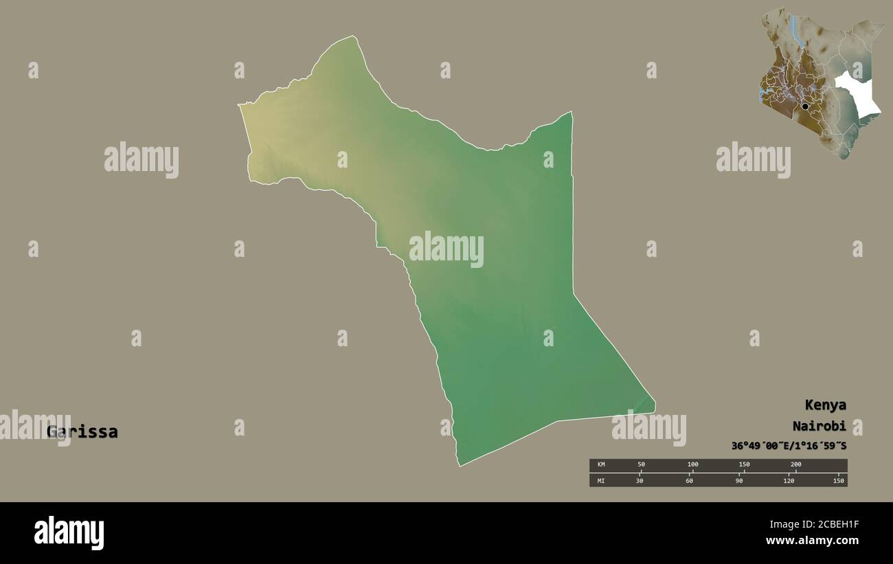 Shape of Garissa, county of Kenya, with its capital isolated on solid ...