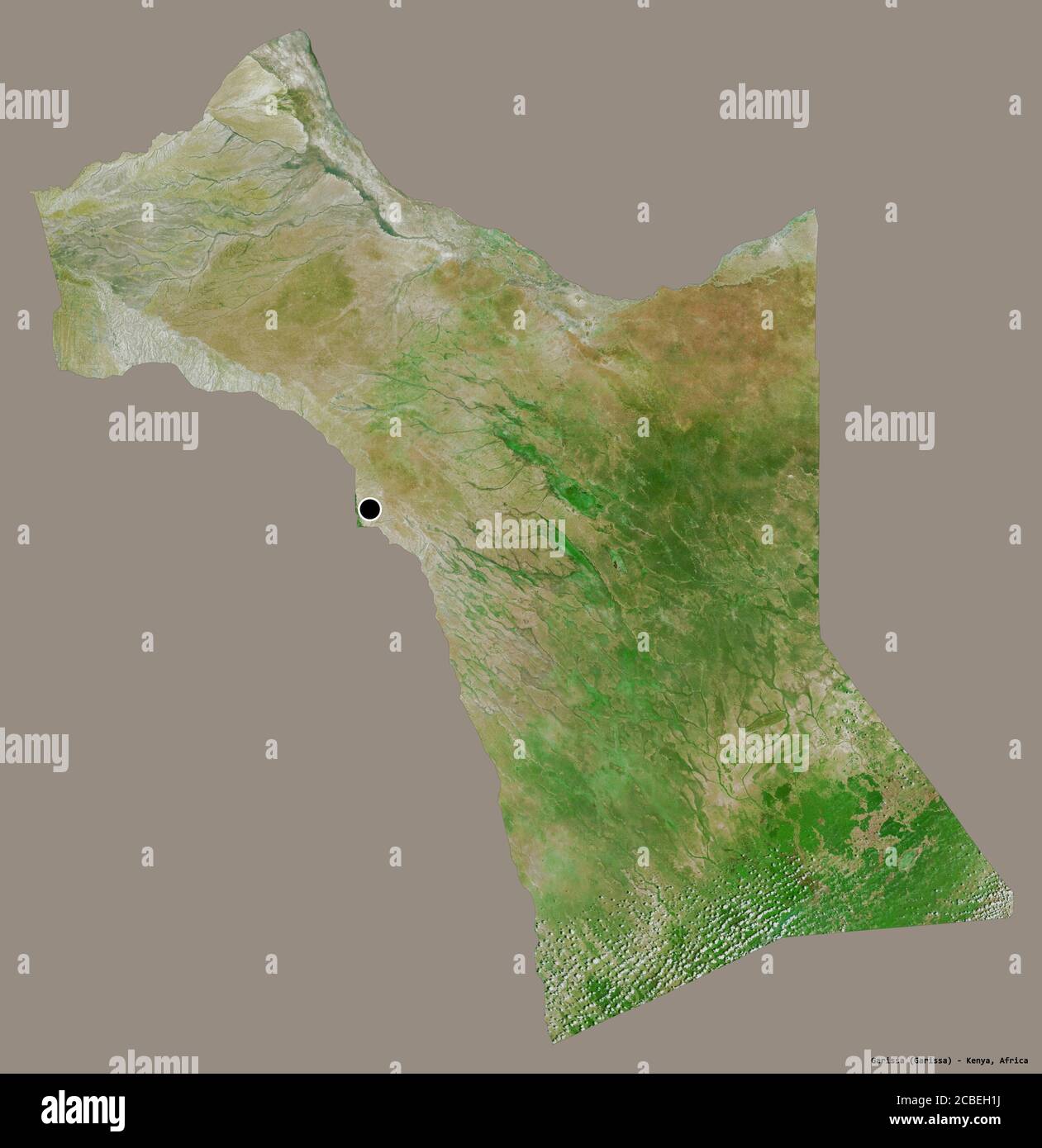 Shape of Garissa, county of Kenya, with its capital isolated on a solid ...