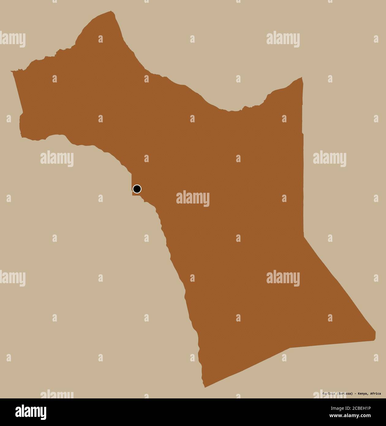 Shape of Garissa, county of Kenya, with its capital isolated on a solid ...