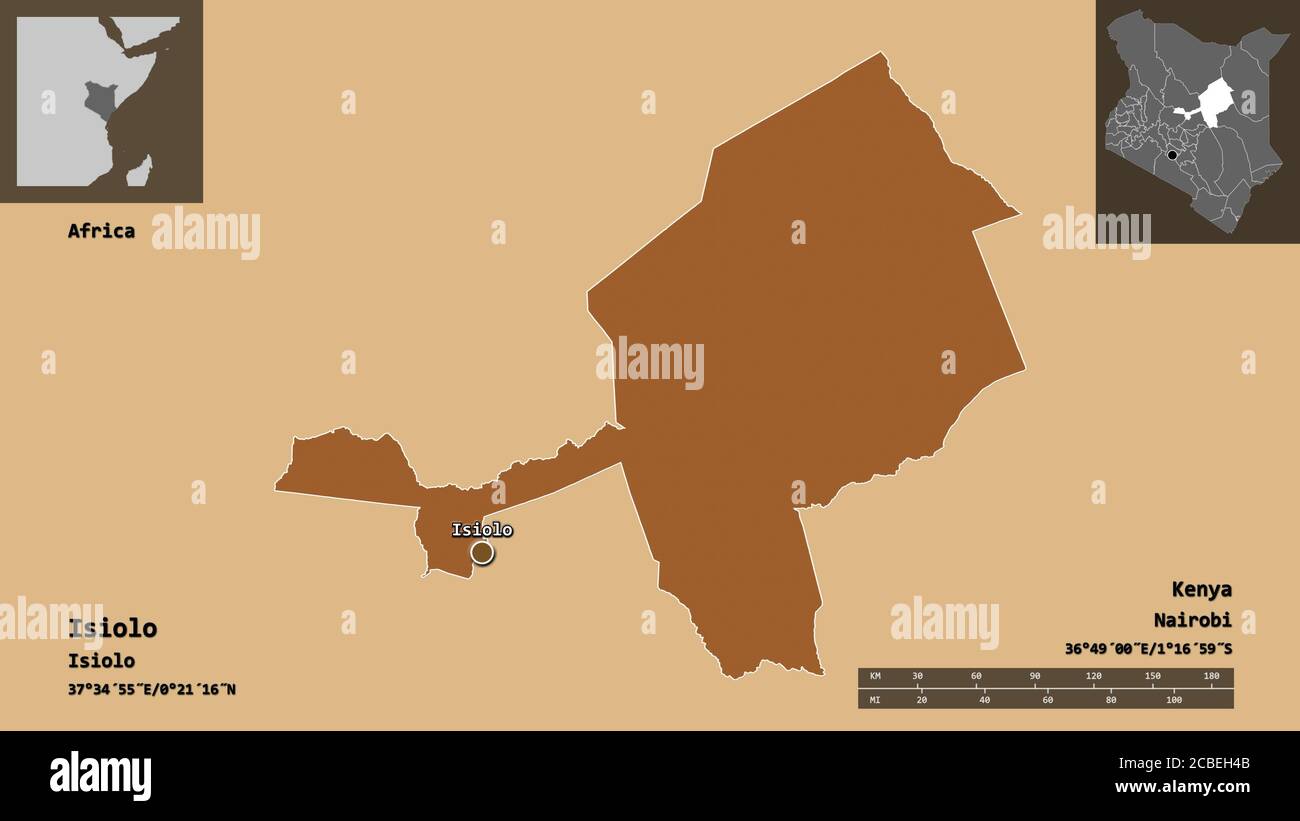 Shape of Isiolo, county of Kenya, and its capital. Distance scale ...