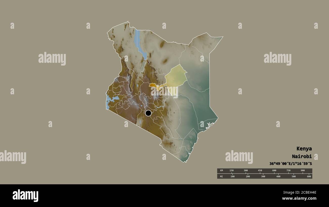 Desaturated shape of Kenya with its capital, main regional division and ...