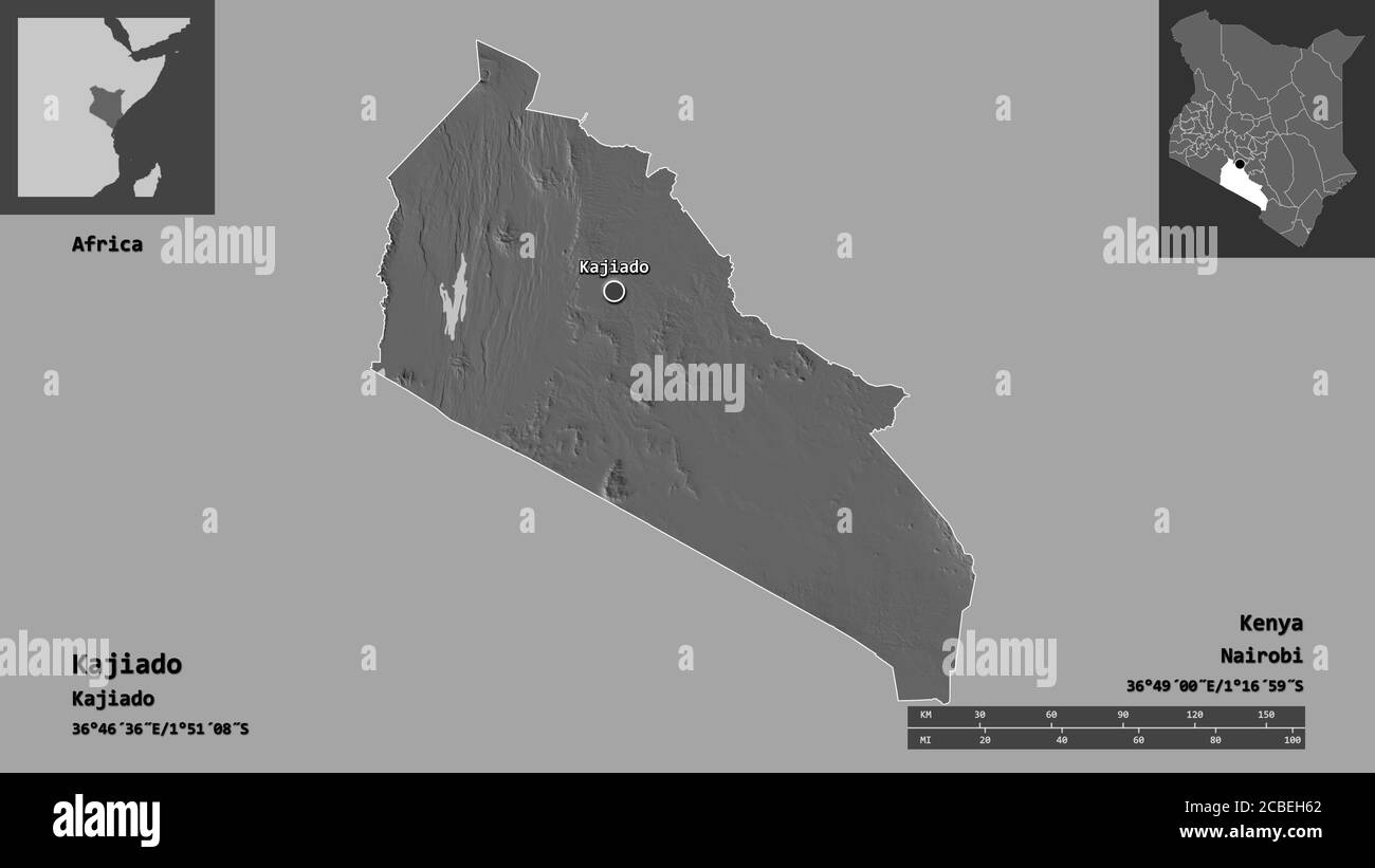 Shape of Kajiado, county of Kenya, and its capital. Distance scale ...