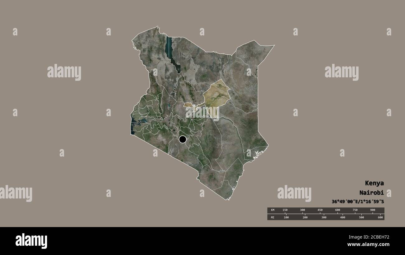 Desaturated shape of Kenya with its capital, main regional division and ...