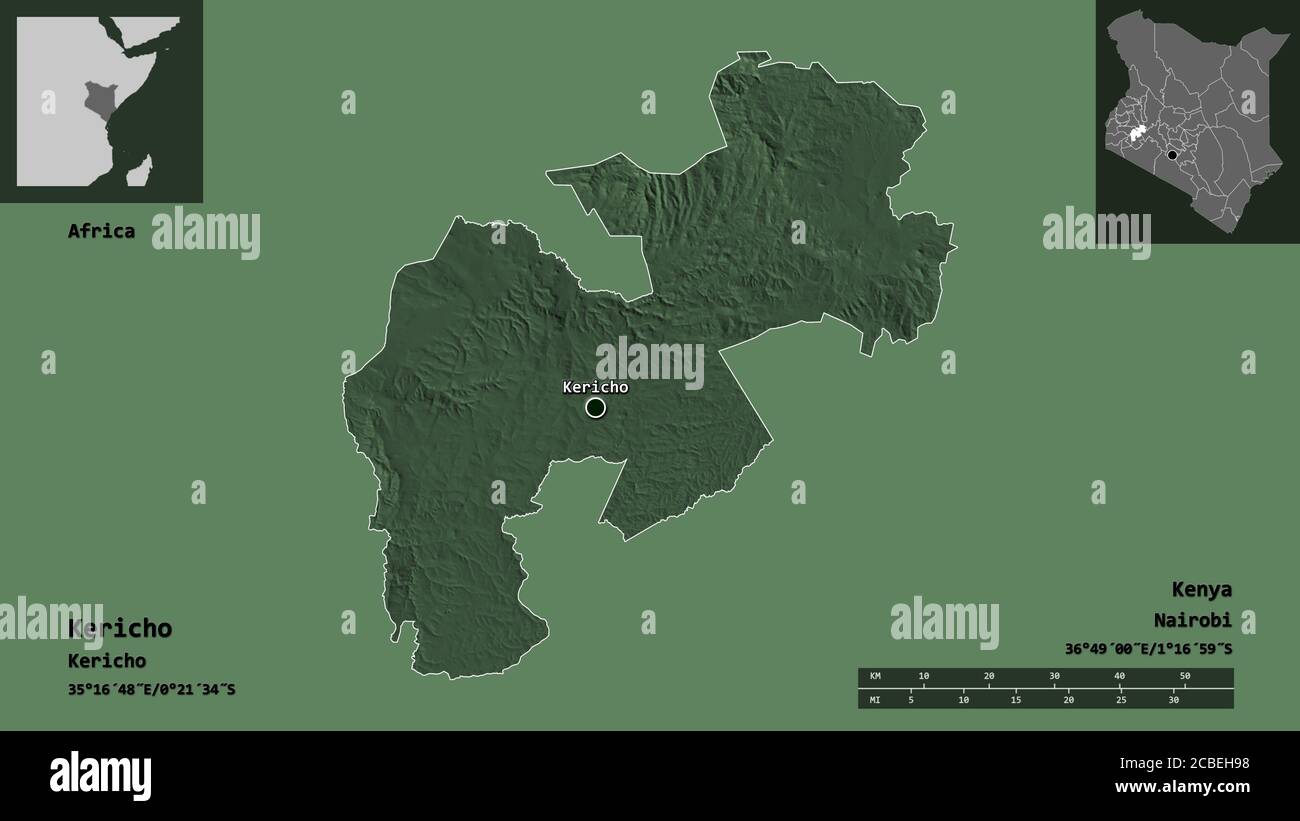 Shape of Kericho, county of Kenya, and its capital. Distance scale ...