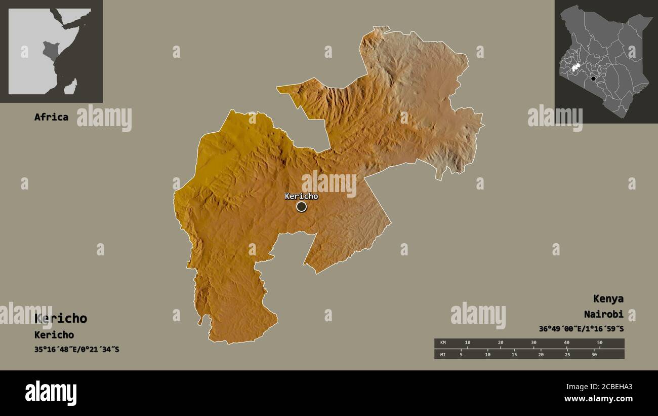 Shape of Kericho, county of Kenya, and its capital. Distance scale ...