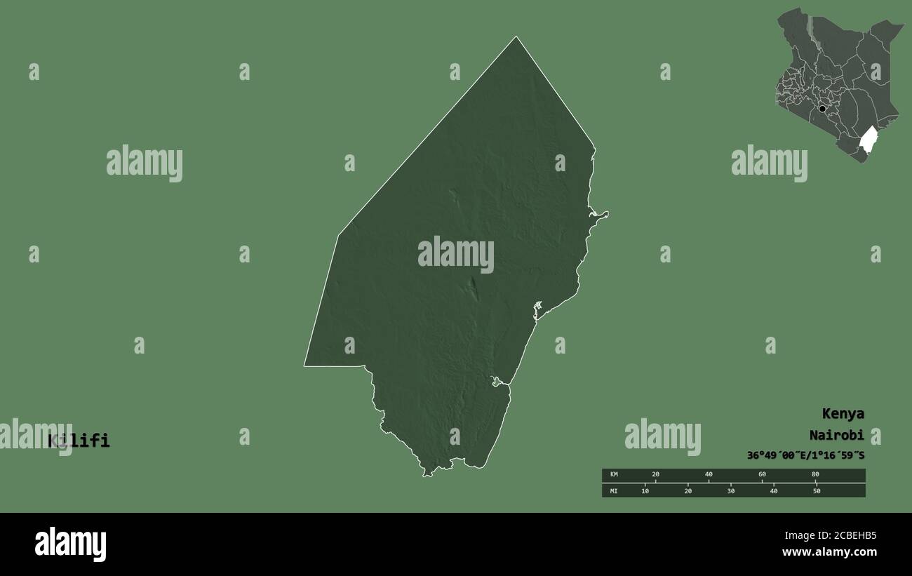 Shape of Kilifi, county of Kenya, with its capital isolated on solid ...