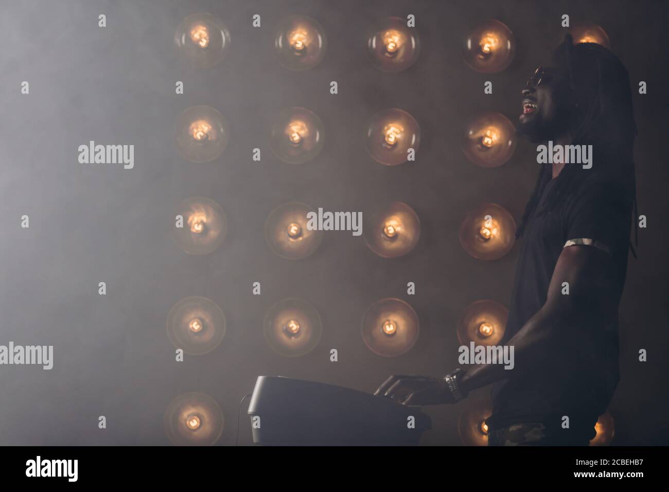 talented singer performing on the stage. close up side view photo. copy ...