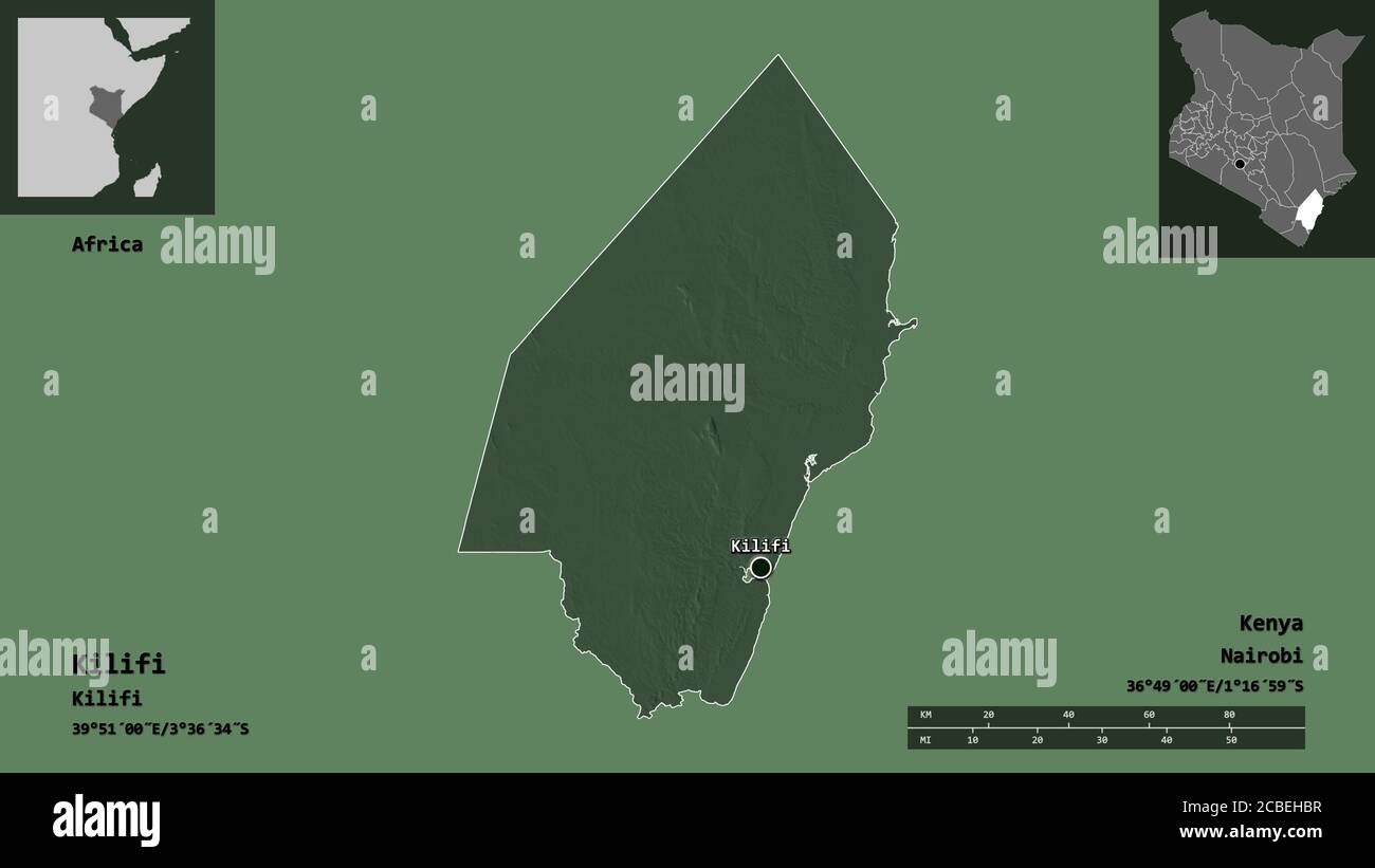 Shape of Kilifi, county of Kenya, and its capital. Distance scale ...