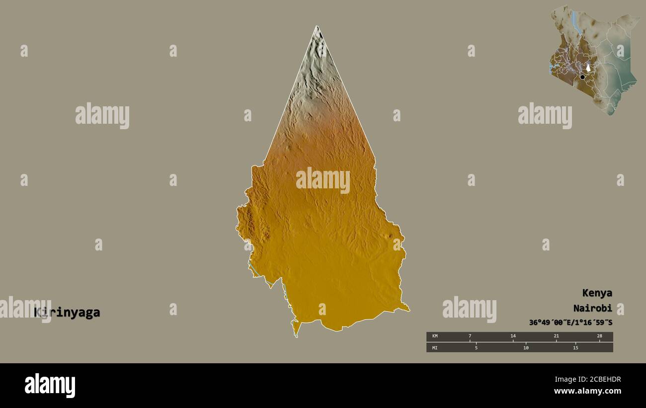 Shape of Kirinyaga, county of Kenya, with its capital isolated on solid ...