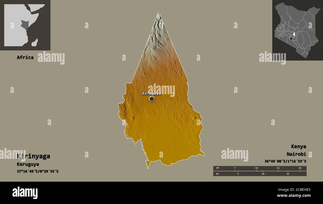 Shape of Kirinyaga, county of Kenya, and its capital. Distance scale ...