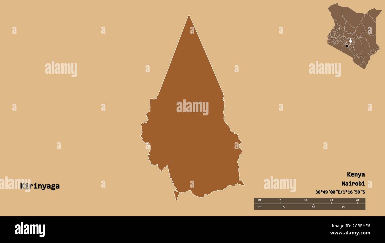 Shape of Kirinyaga, county of Kenya, with its capital isolated on solid ...