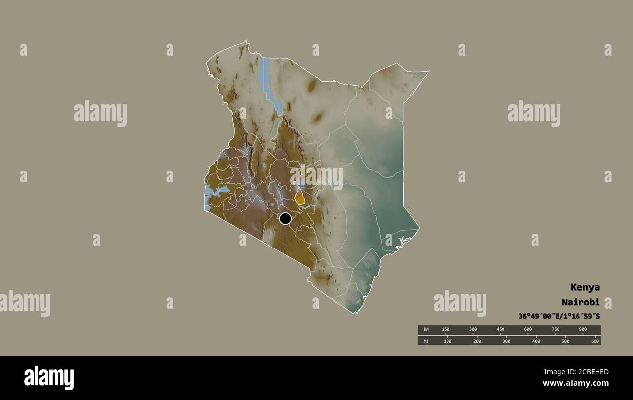 Desaturated shape of Kenya with its capital, main regional division and ...