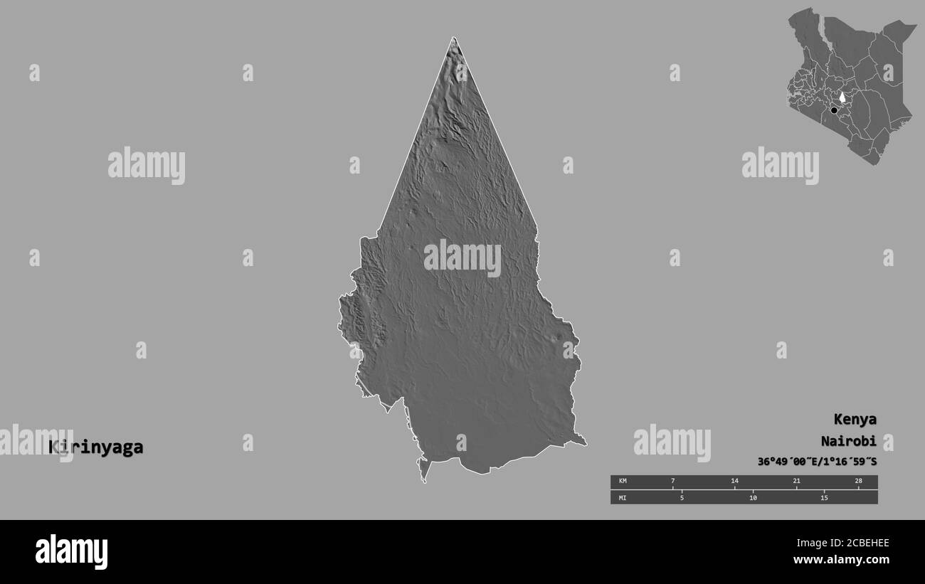 Shape of Kirinyaga, county of Kenya, with its capital isolated on solid ...