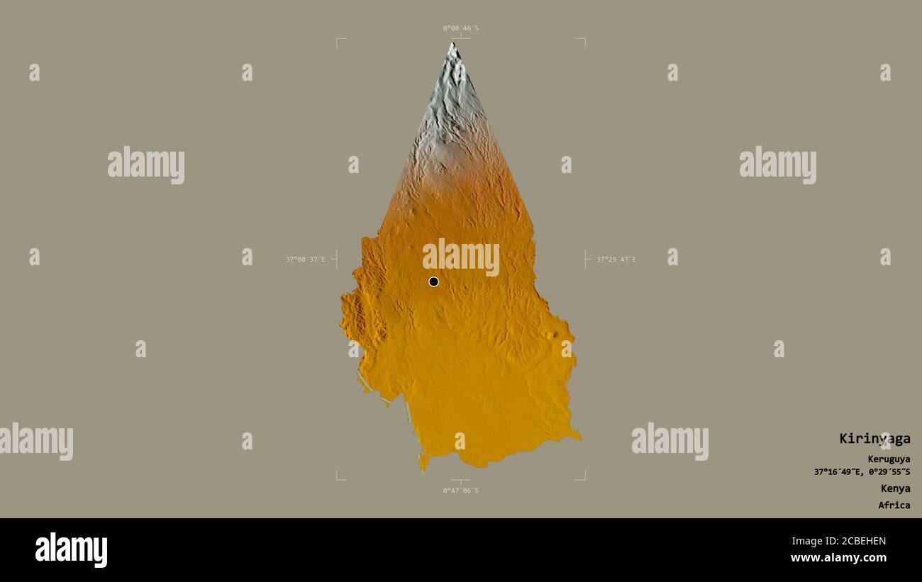 Area of Kirinyaga, county of Kenya, isolated on a solid background in a ...