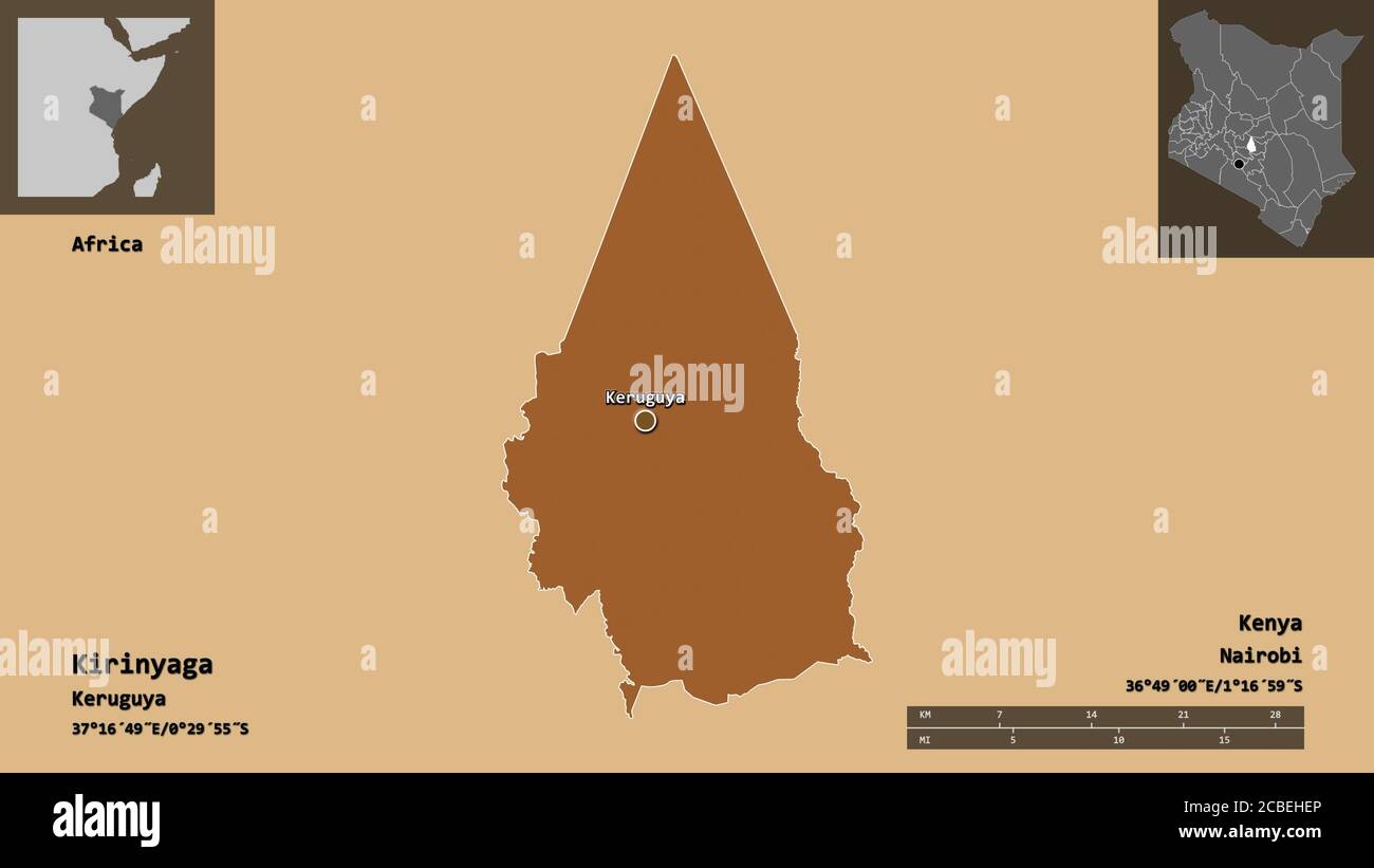 Shape of Kirinyaga, county of Kenya, and its capital. Distance scale ...