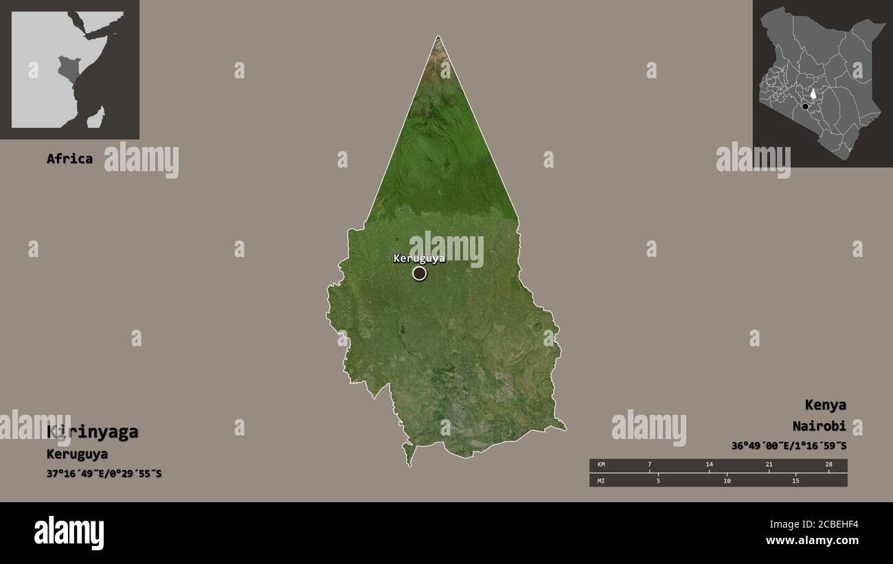 Shape of Kirinyaga, county of Kenya, and its capital. Distance scale ...