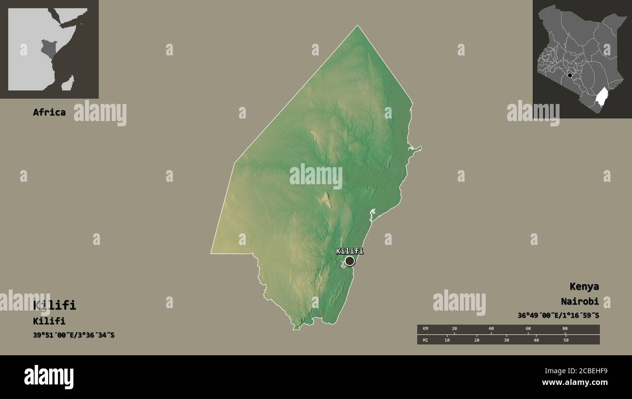 Shape of Kilifi, county of Kenya, and its capital. Distance scale ...