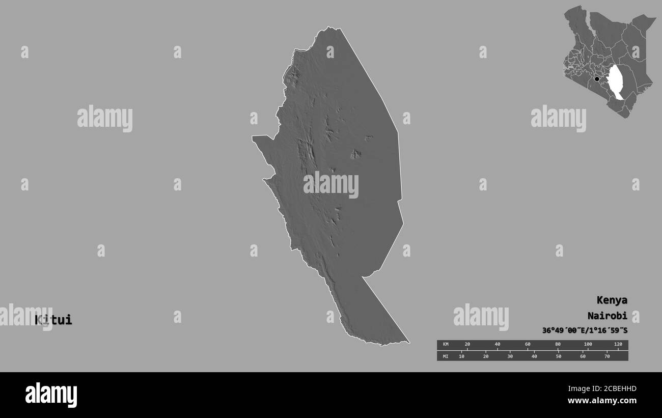 Shape of Kitui, county of Kenya, with its capital isolated on solid ...