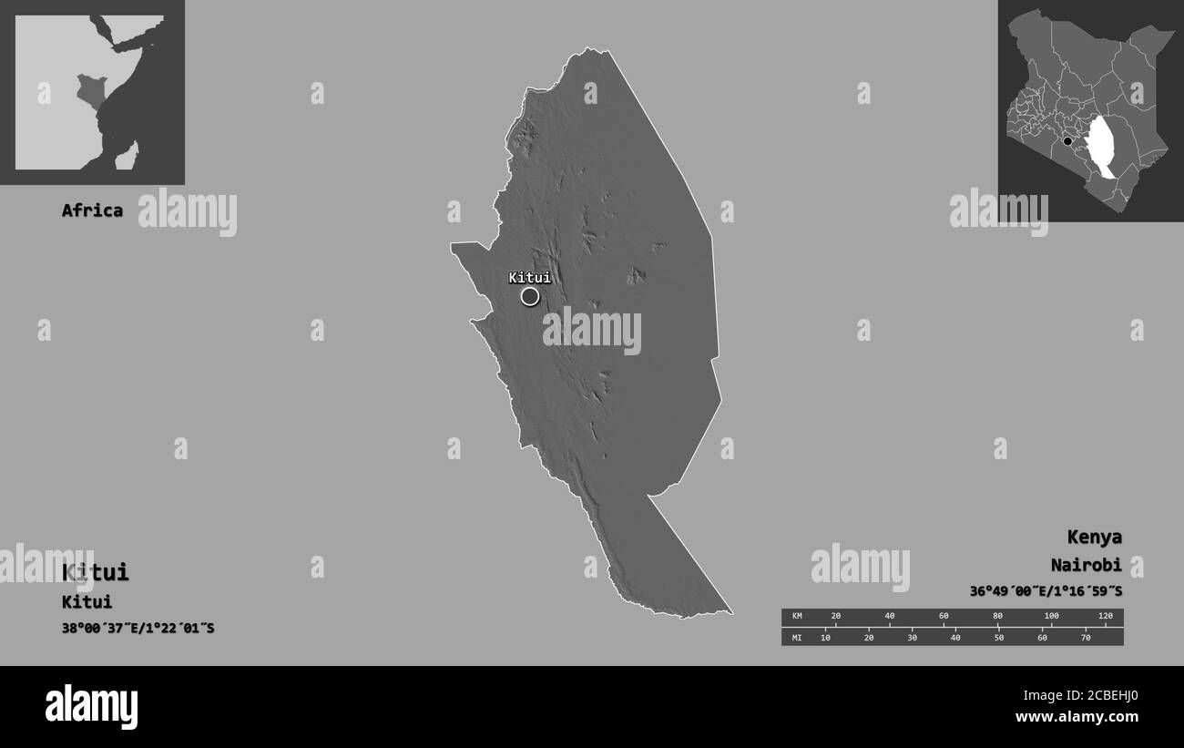 Shape of Kitui, county of Kenya, and its capital. Distance scale ...