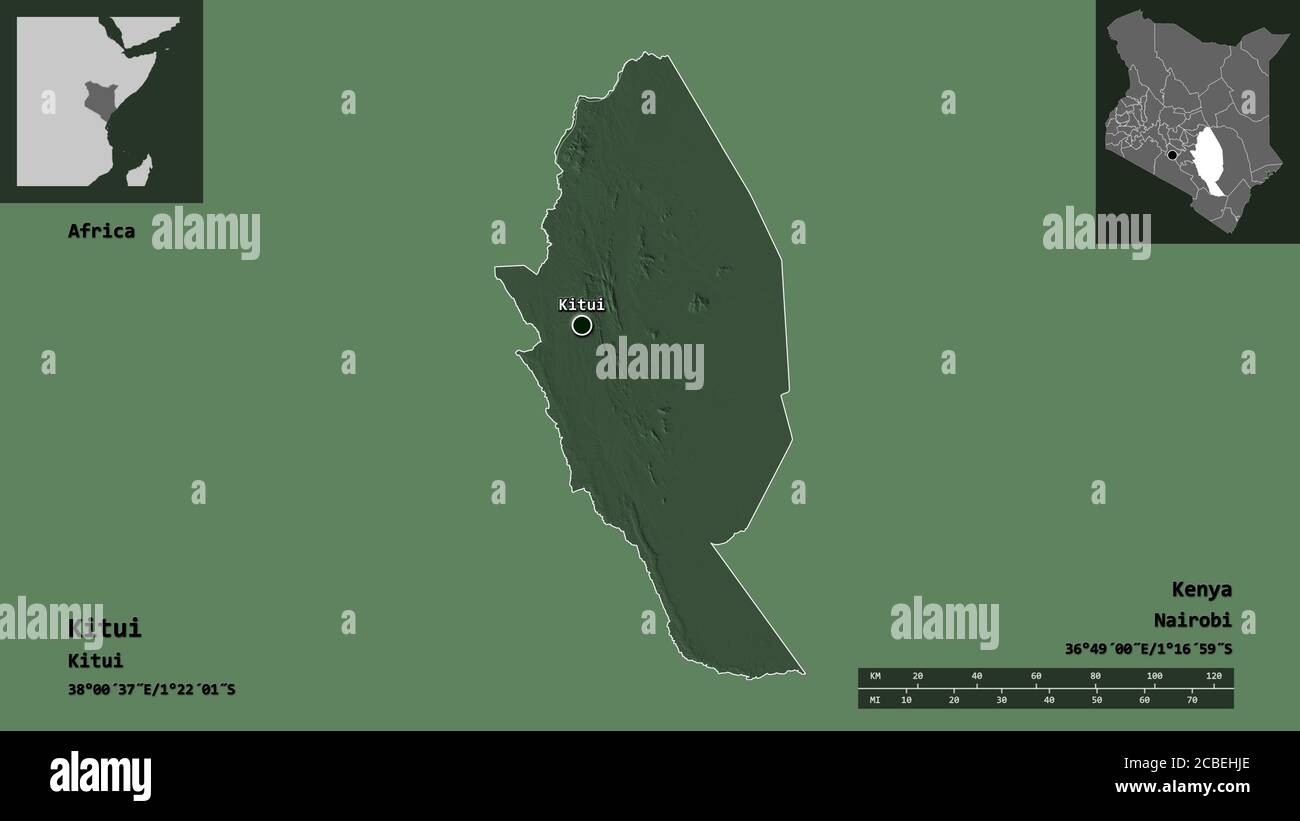 Shape of Kitui, county of Kenya, and its capital. Distance scale ...
