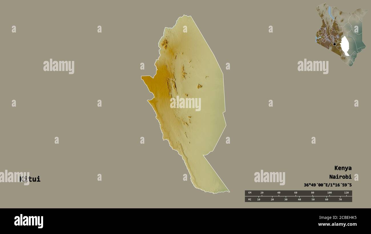 Shape of Kitui, county of Kenya, with its capital isolated on solid ...