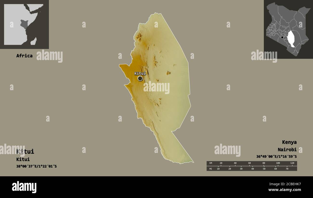 Shape of Kitui, county of Kenya, and its capital. Distance scale ...