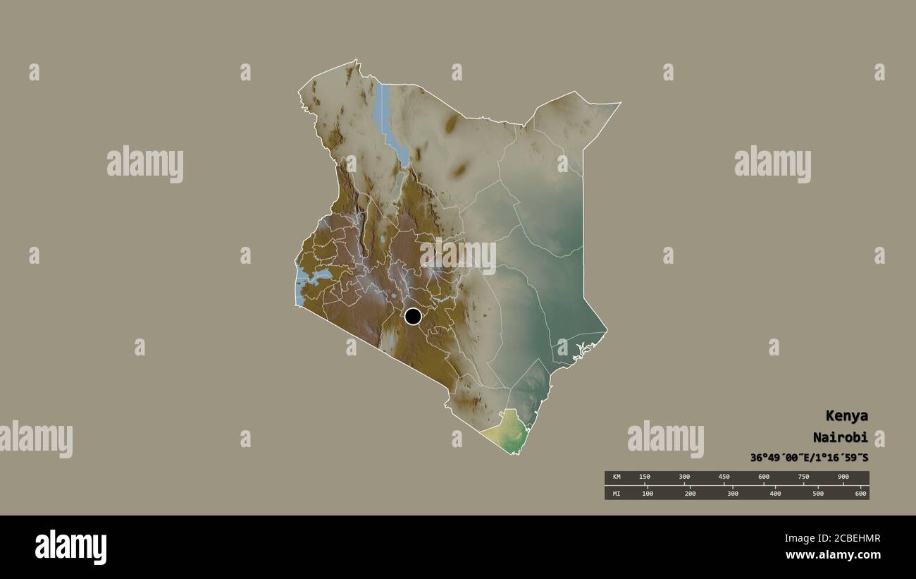 Desaturated shape of Kenya with its capital, main regional division and ...
