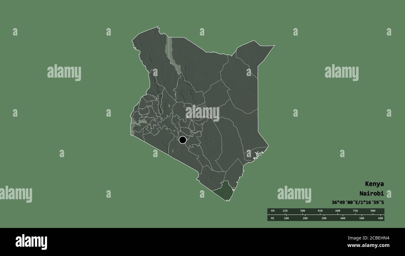 Desaturated shape of Kenya with its capital, main regional division and ...