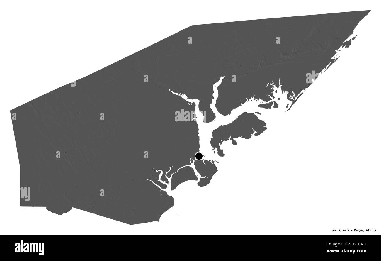 Shape of Lamu, county of Kenya, with its capital isolated on white ...