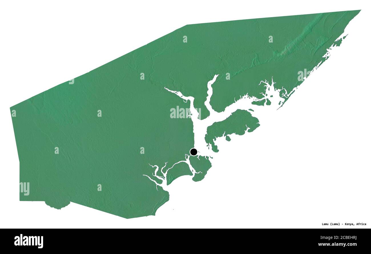 Shape of Lamu, county of Kenya, with its capital isolated on white ...