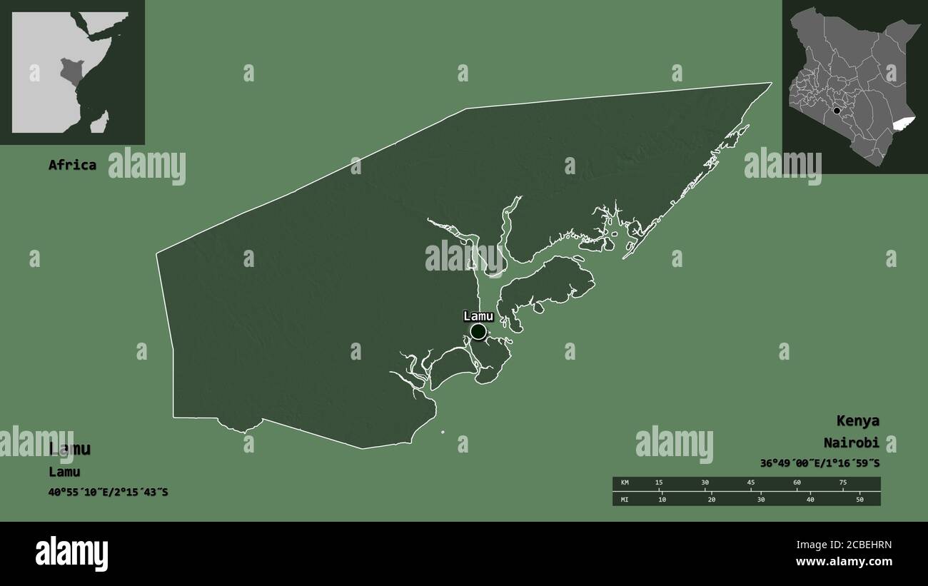 Shape of Lamu, county of Kenya, and its capital. Distance scale ...