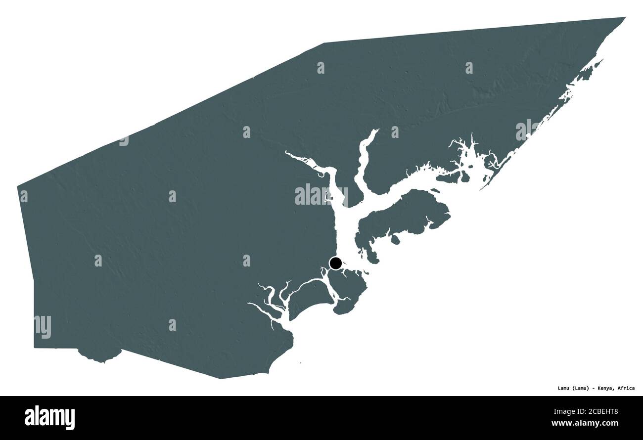 Shape of Lamu, county of Kenya, with its capital isolated on white ...