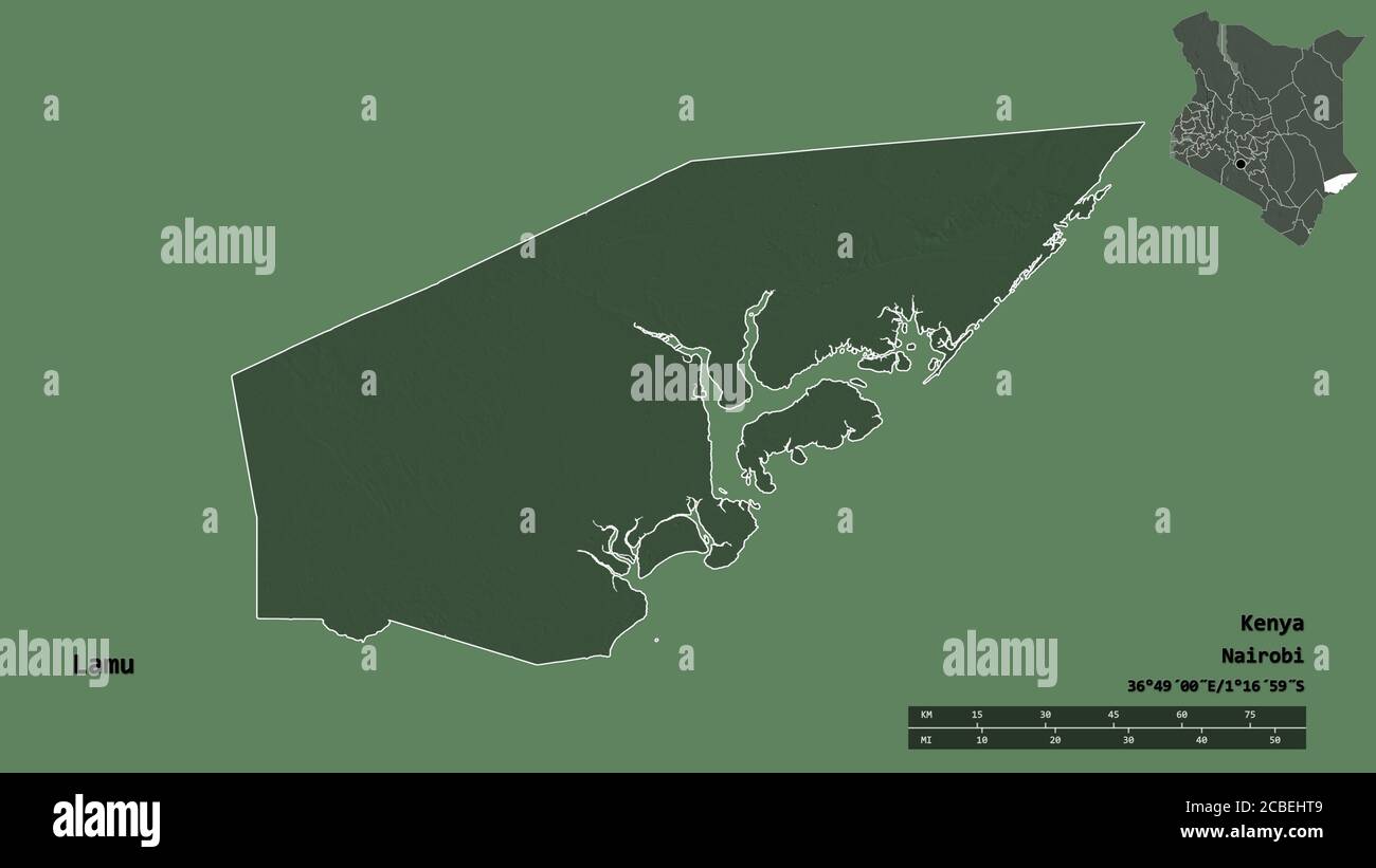 Shape of Lamu, county of Kenya, with its capital isolated on solid ...