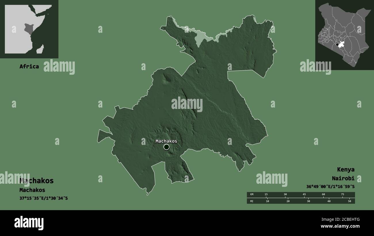 Shape of Machakos, county of Kenya, and its capital. Distance scale ...