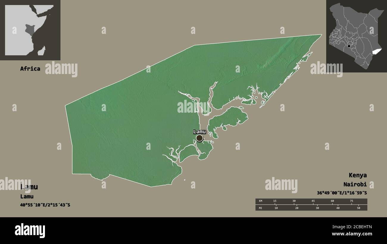 Shape of Lamu, county of Kenya, and its capital. Distance scale ...