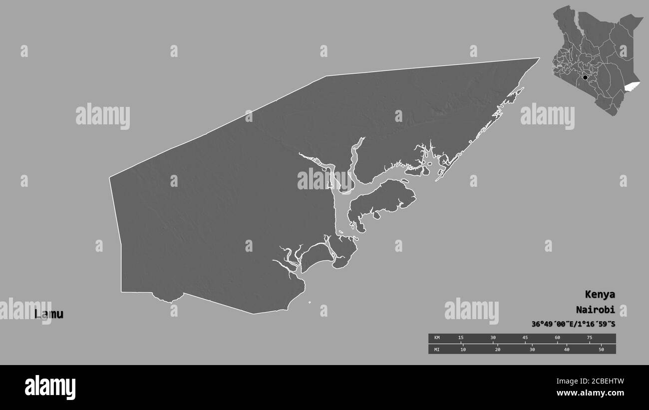 Shape of Lamu, county of Kenya, with its capital isolated on solid ...