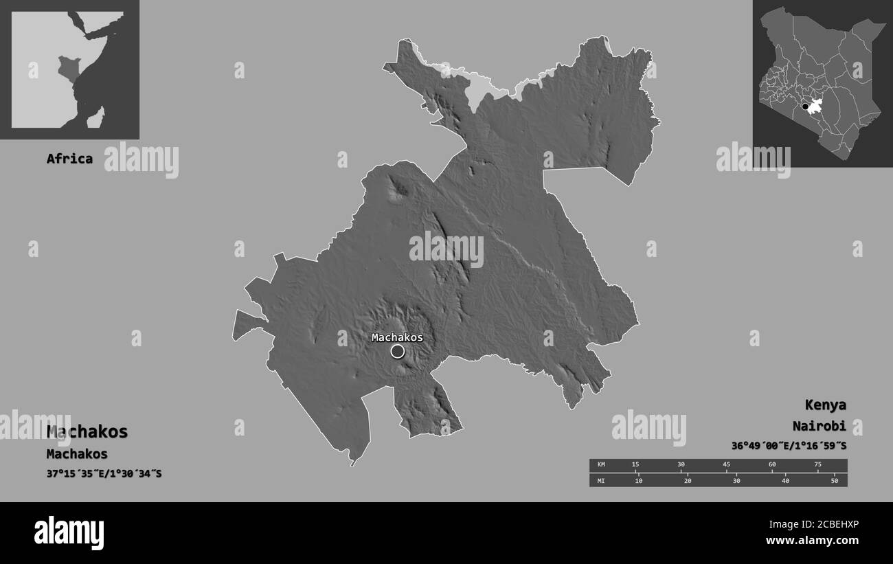 Shape of Machakos, county of Kenya, and its capital. Distance scale ...