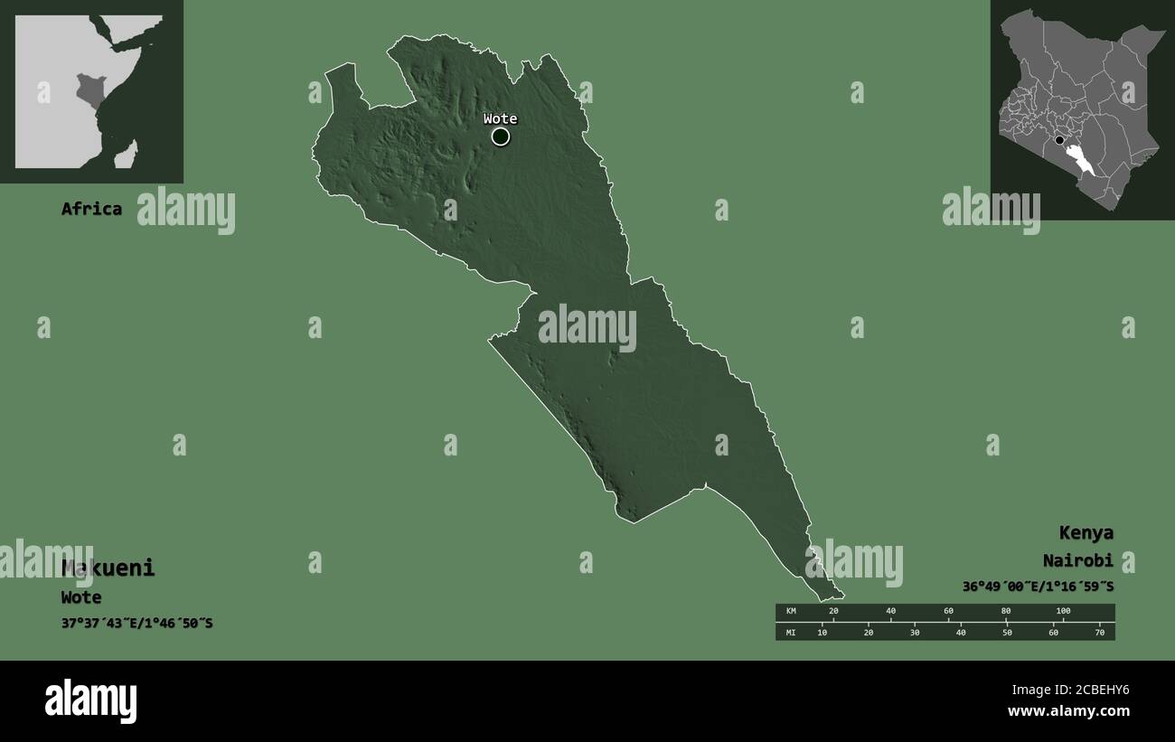 Shape of Makueni, county of Kenya, and its capital. Distance scale ...