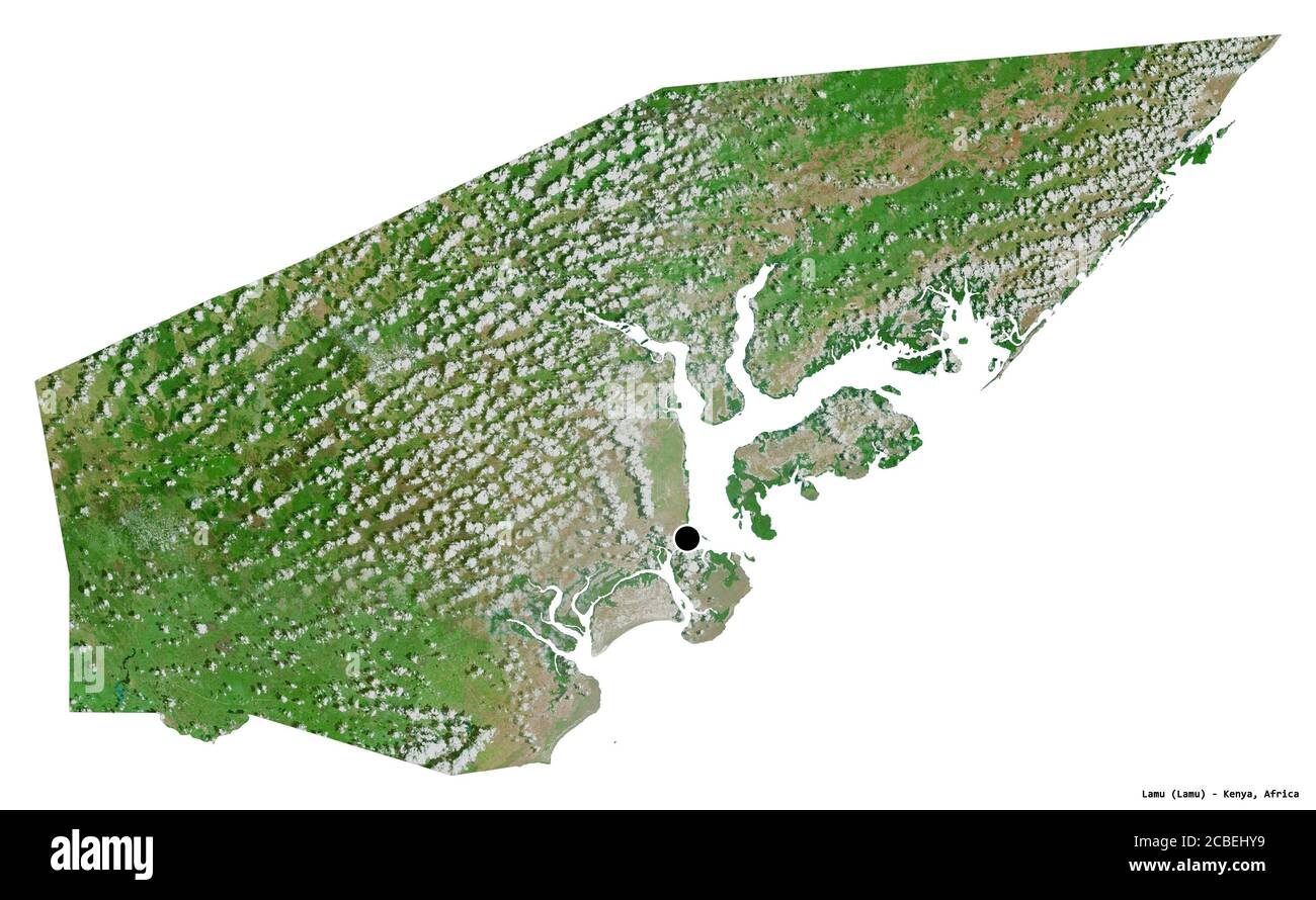 Shape of Lamu, county of Kenya, with its capital isolated on white ...